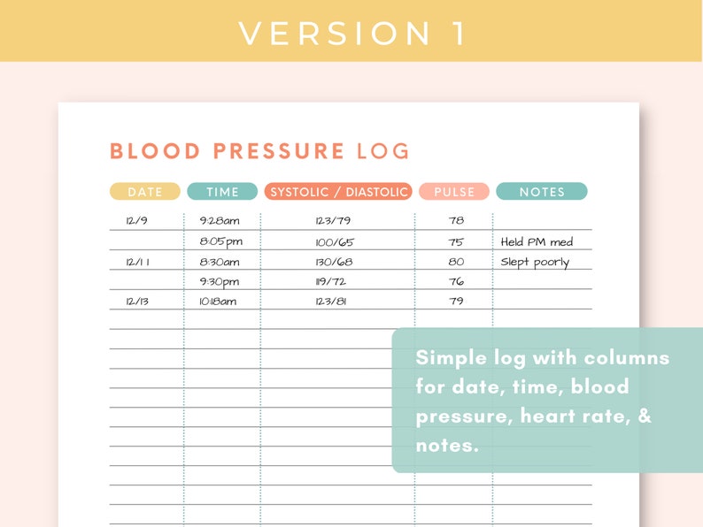 BLOOD PRESSURE Log, Printable & Fillable Chart Template for Daily ...
