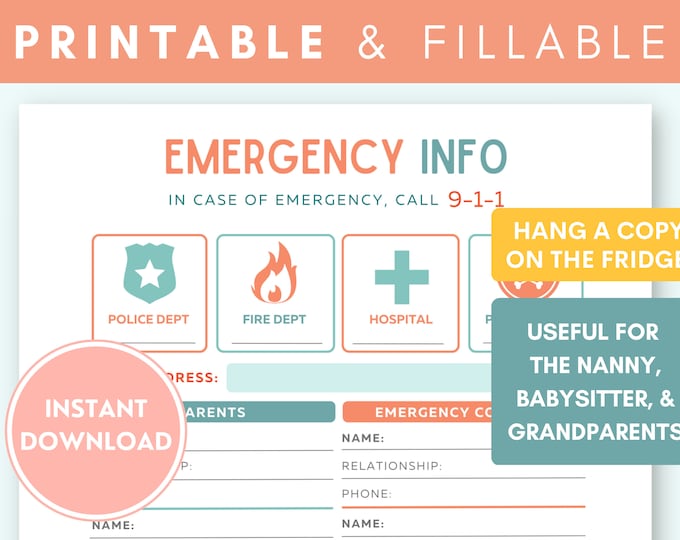 Emergency Contact Info Sheet: Contact Information for Nanny, Babysitter ...