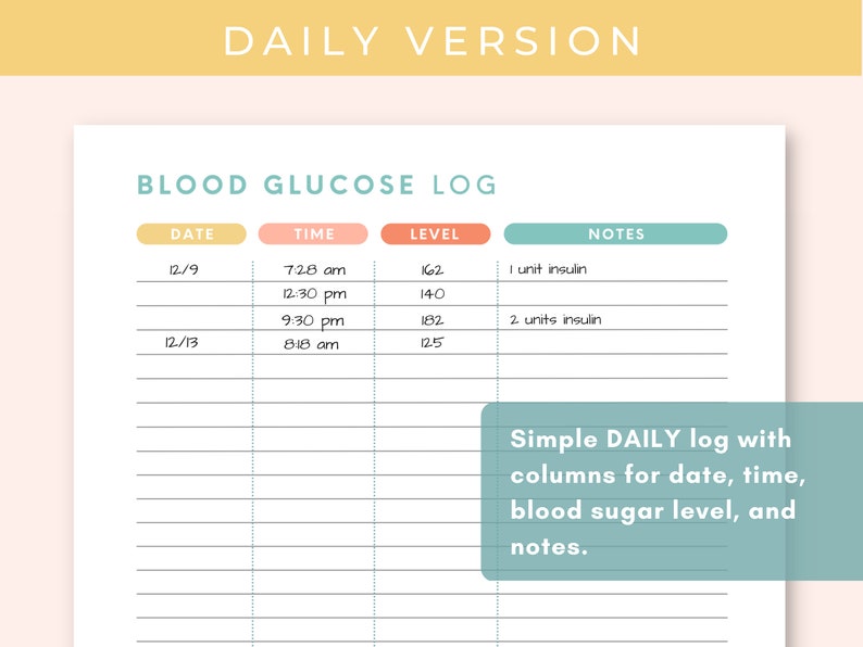 BLOOD GLUCOSE Log, Printable & Fillable Chart Template for Diabetes ...