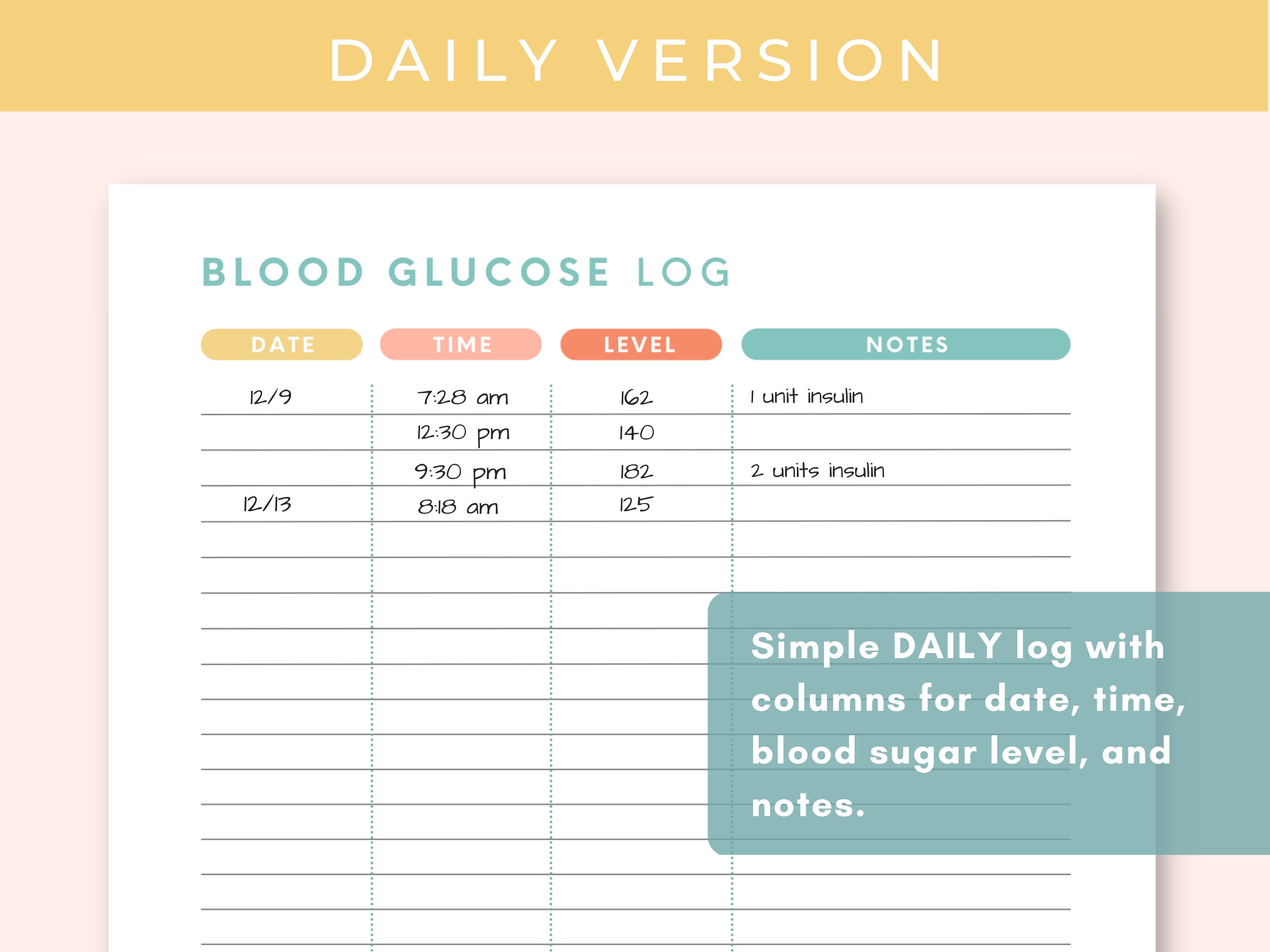 BLOOD GLUCOSE Log, Printable & Fillable Chart Template for Diabetes ...