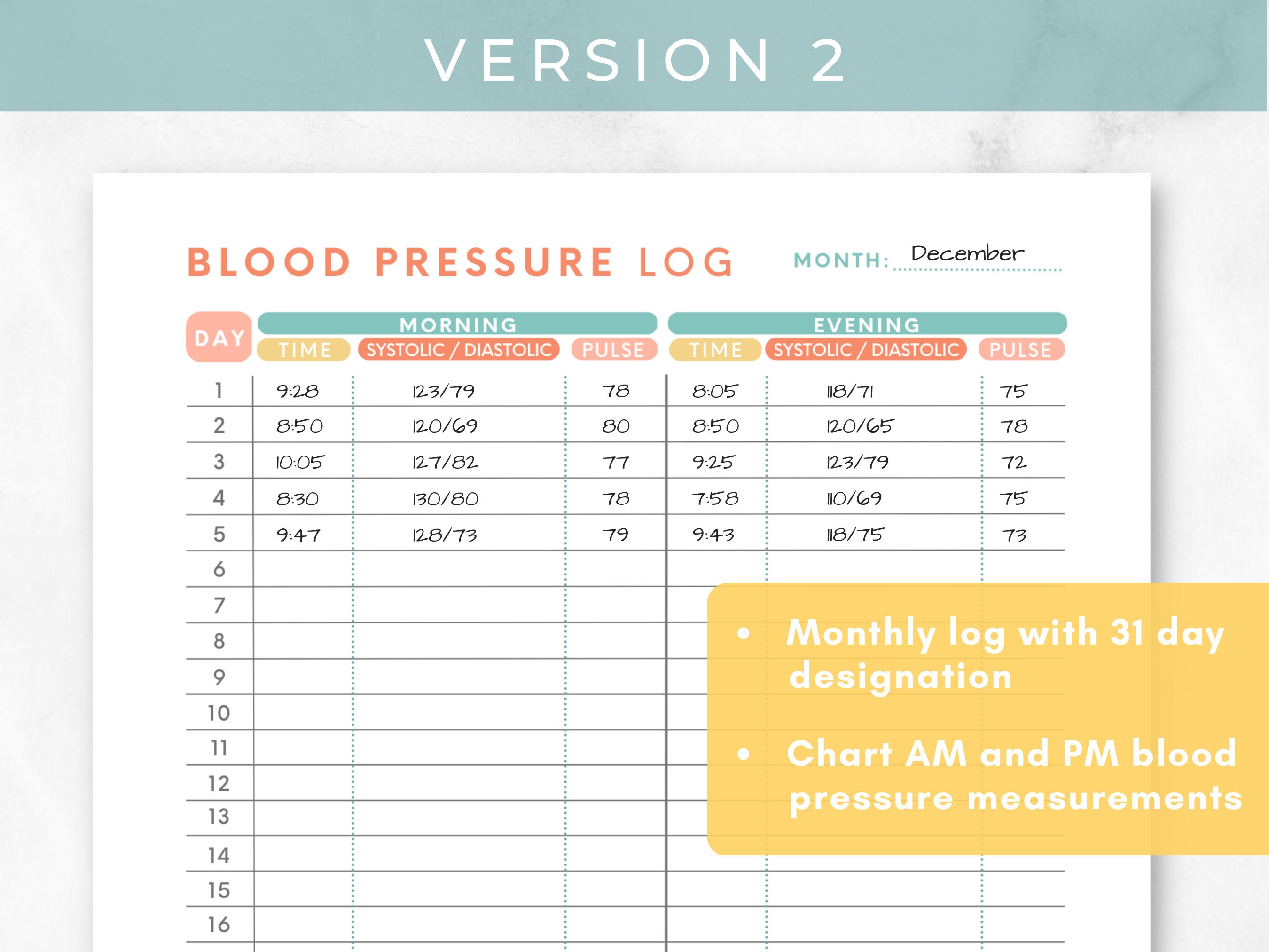 BLOOD PRESSURE Log, Printable & Fillable Chart Template for Daily ...