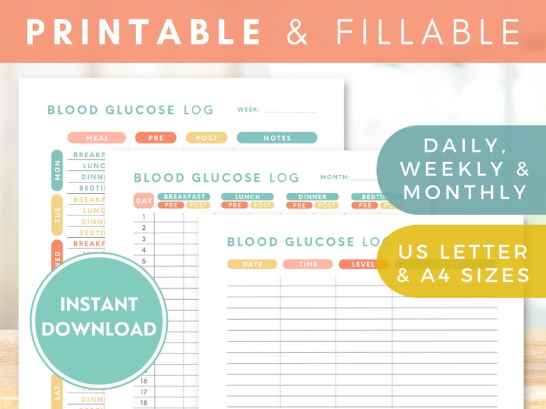 BLOOD GLUCOSE Log Printable & Fillable Chart Template for - Etsy