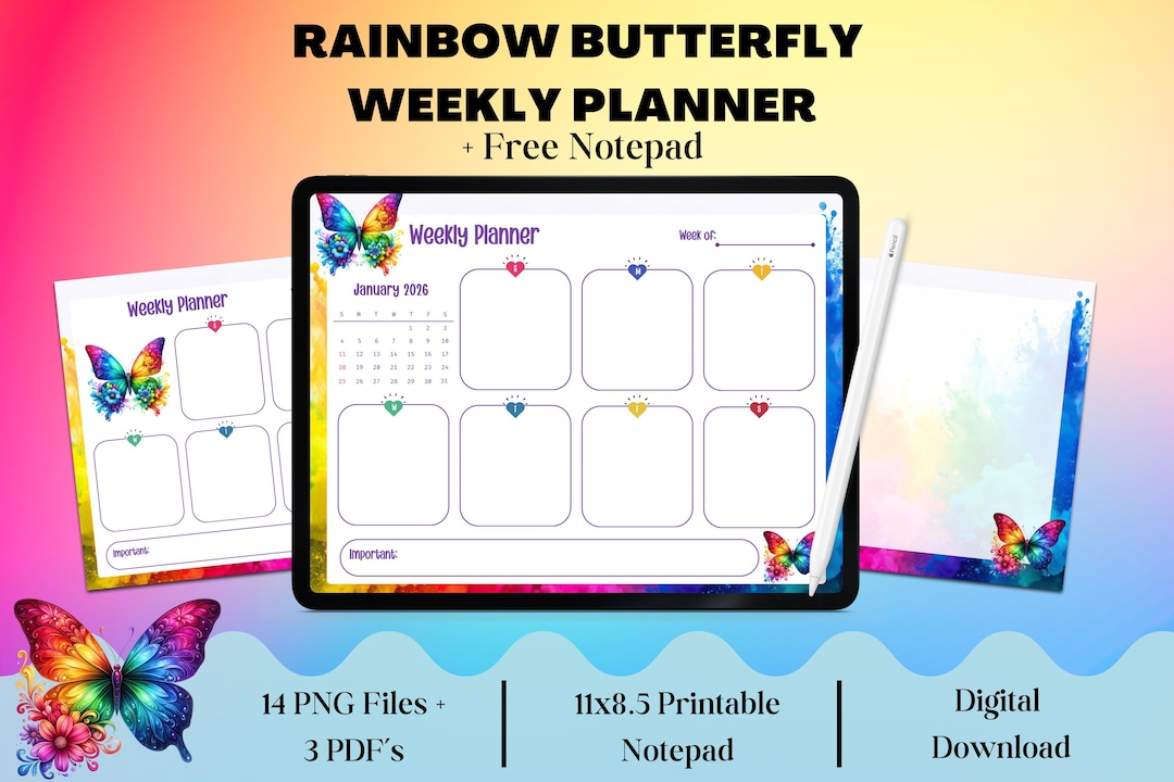 Rainbow Butterfly Weekly Planner + FREE Notepad | Landscape 11x8.5 ...