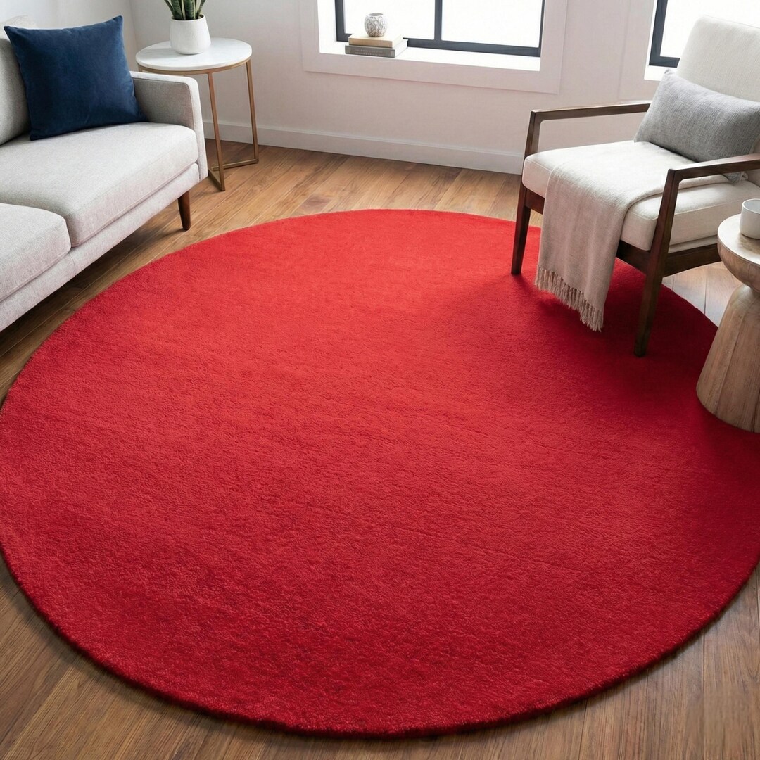 Solid Red Round Rug, Hand Tufted Wool Area Rug, Modern Minimalist ...