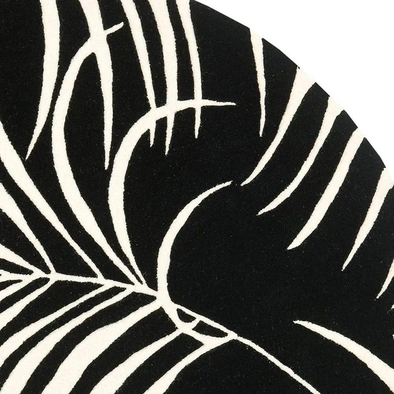 Bold Black & White Palm Leaf Round Rug 3x3 6x6 Hand Tufted Round ...