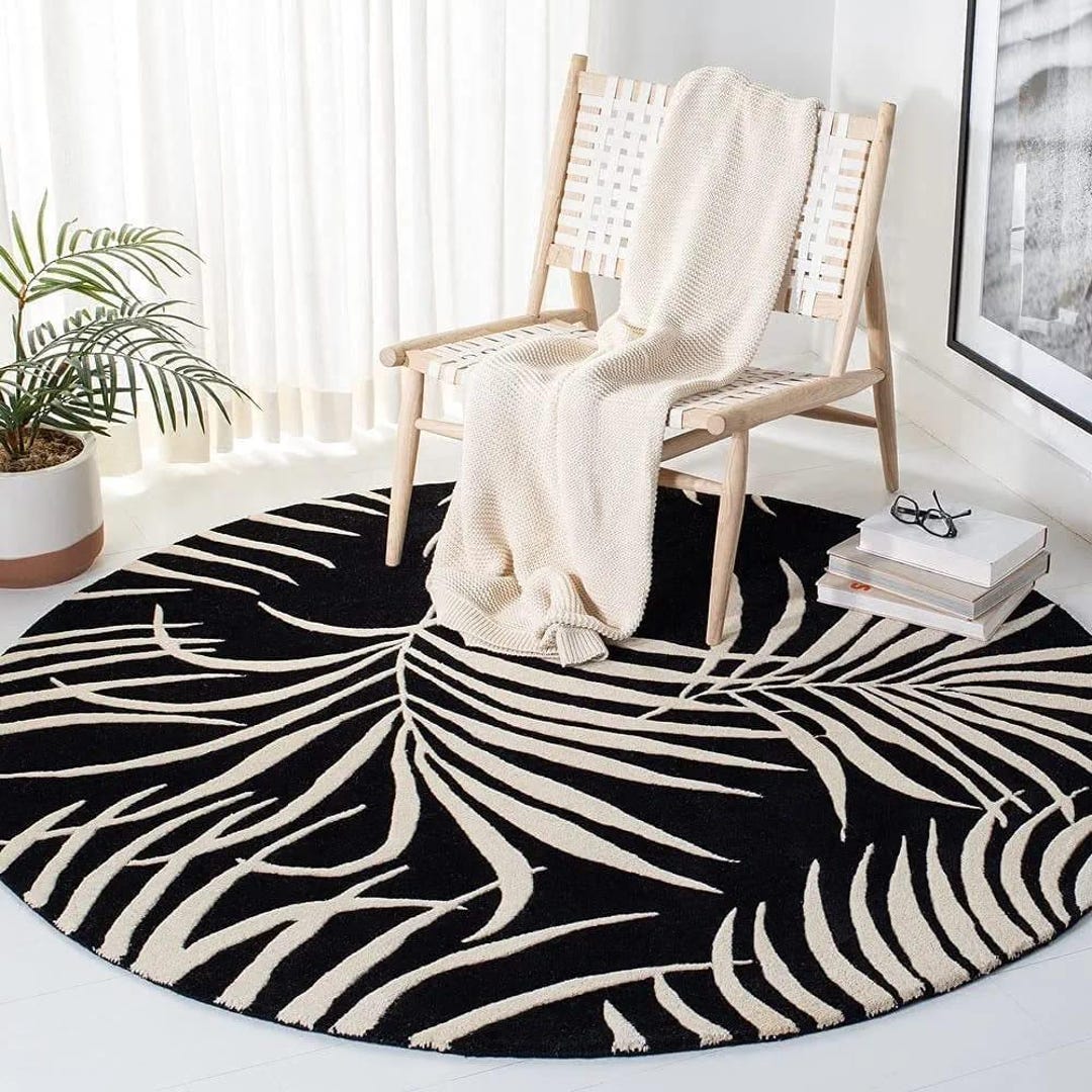 Bold Black & White Palm Leaf Round Rug 3x3 6x6 Hand Tufted Round ...