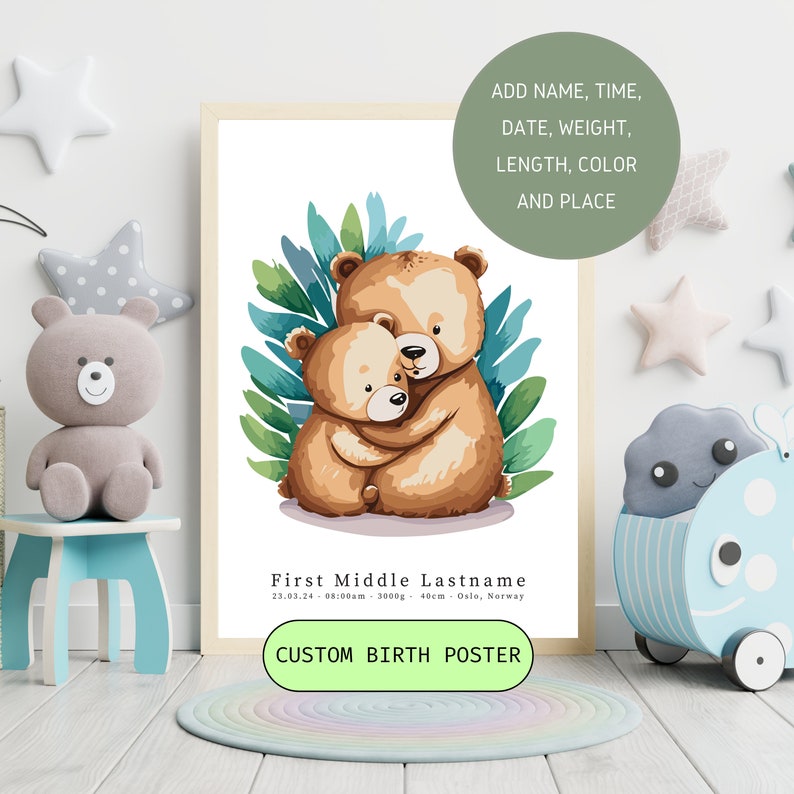 Adorable Custom Baby Birth Print With Bear Illustration Personalized ...