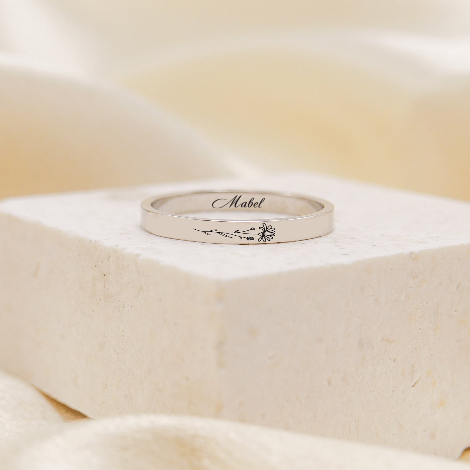 Custom Birth Flower Engraved Rings,name Band,flower Stacking Ring ...