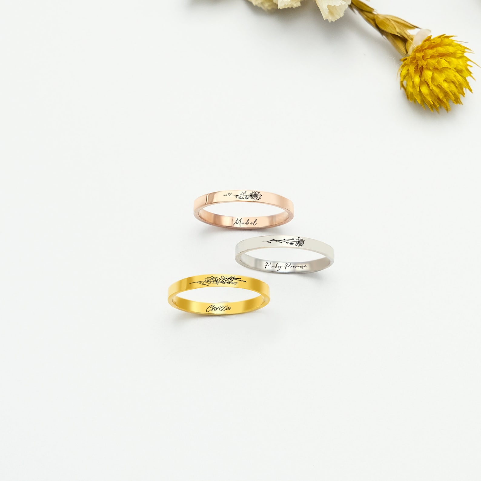 Custom Birth Flower Engraved Rings,name Band,flower Stacking Ring ...