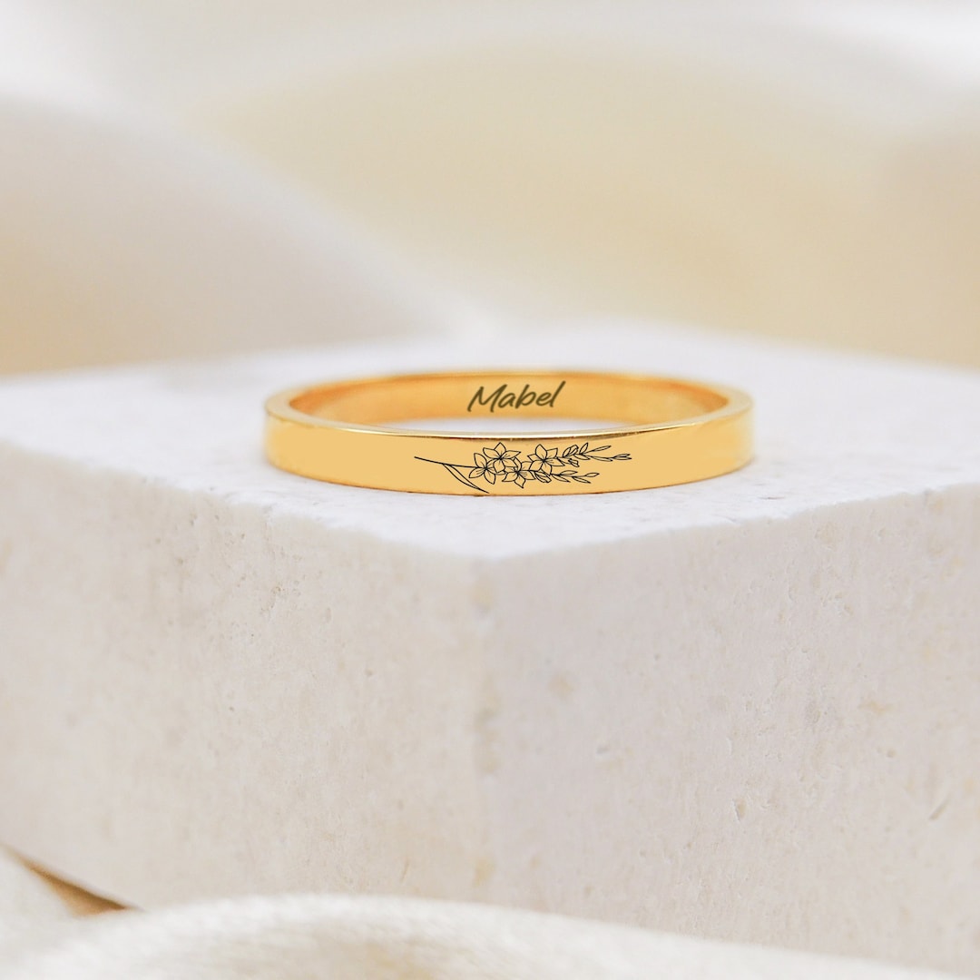 Custom Birth Flower Engraved Rings,name Band,flower Stacking Ring ...