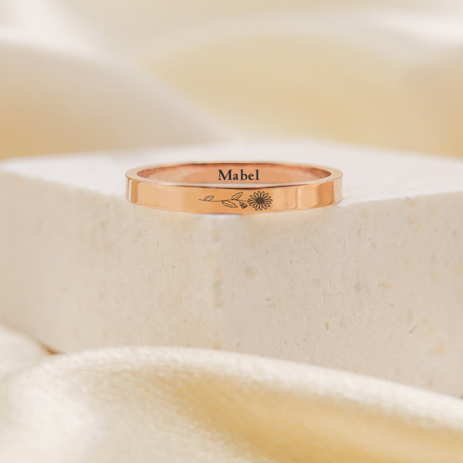 Custom Birth Flower Engraved Rings,name Band,flower Stacking Ring ...