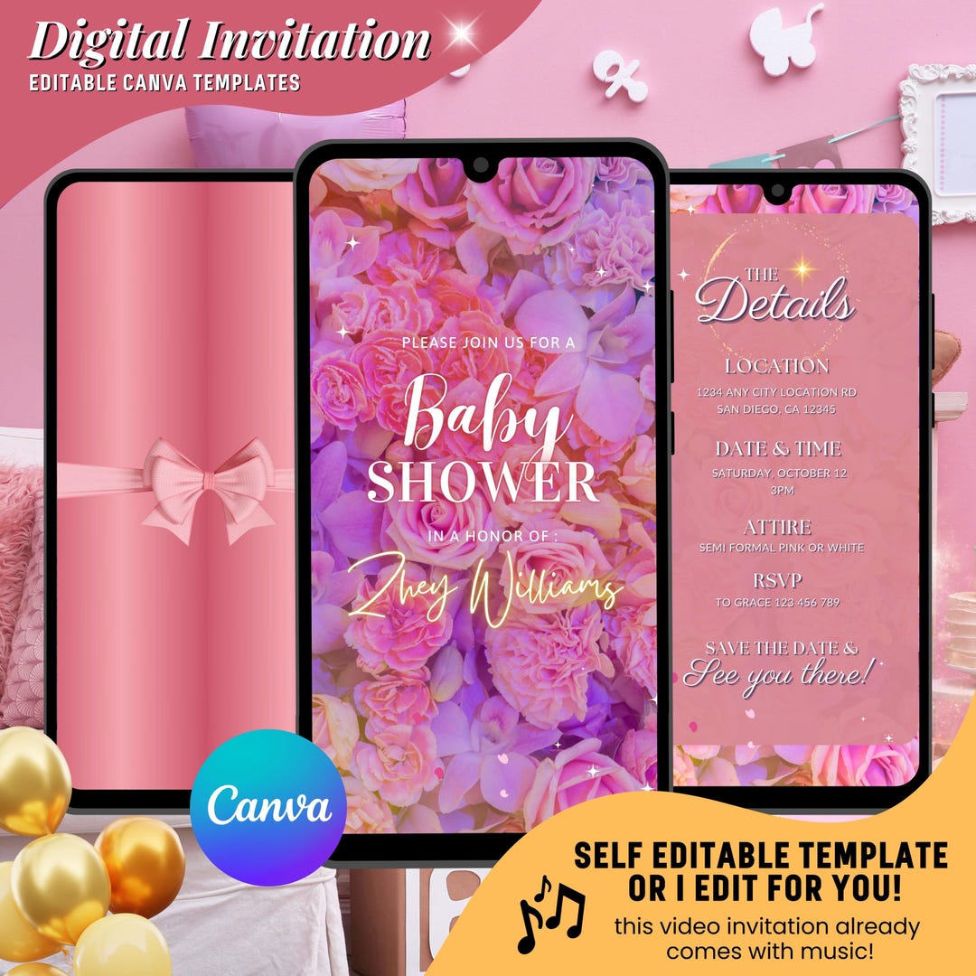 Pink Baby Shower Invitation, Flower Baby Shower Animated Invitation ...