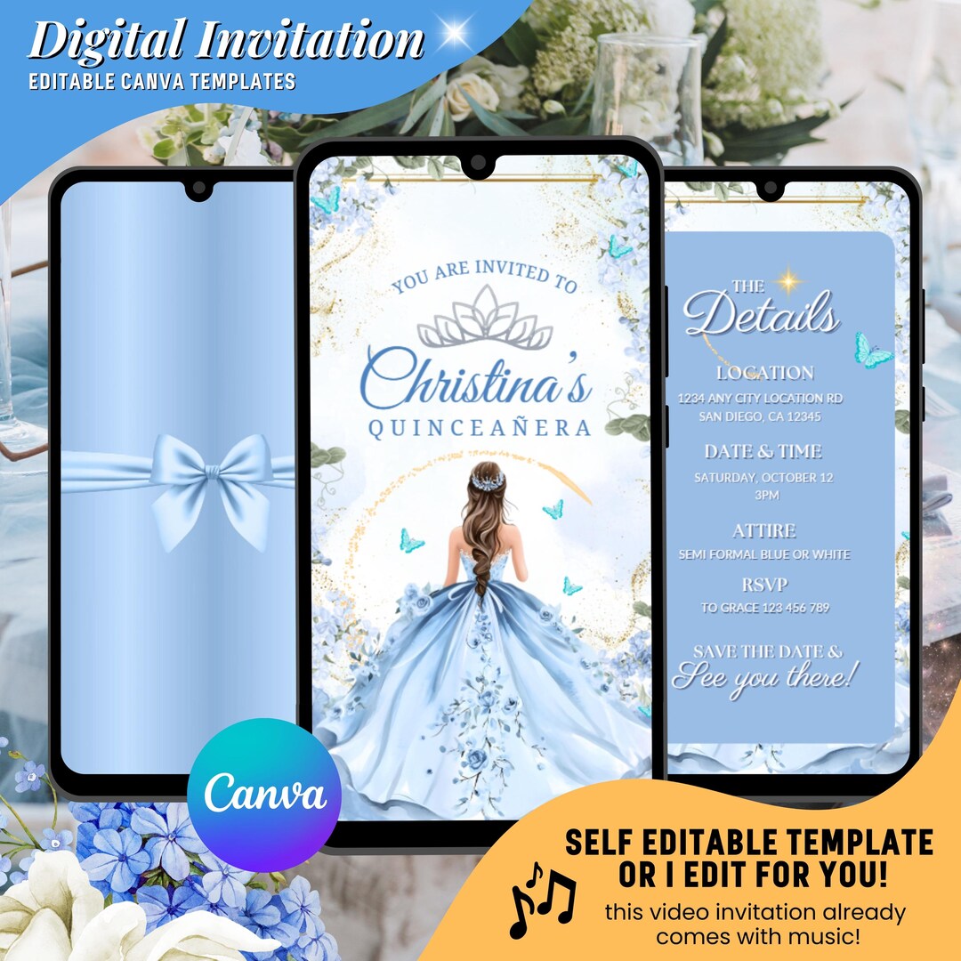 Light Blue Quinceañera Invitation, Sweet 15 Video Invitation, Digital ...