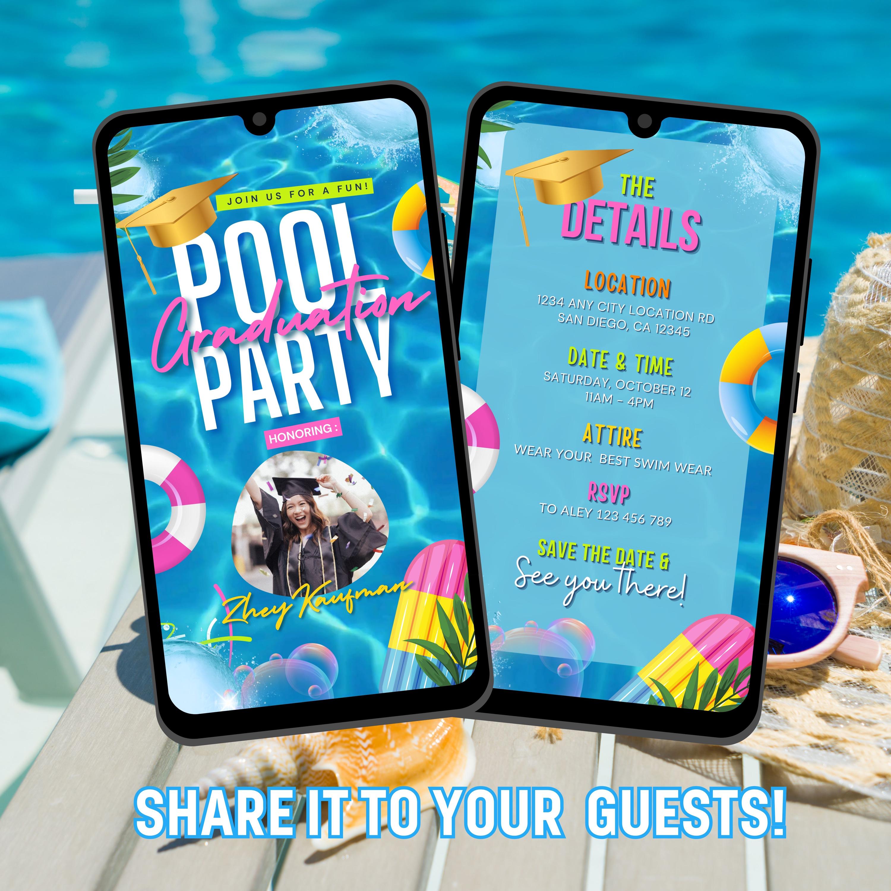 Pink Graduation Pool Party Invitation, Digital Video Invites Class of ...