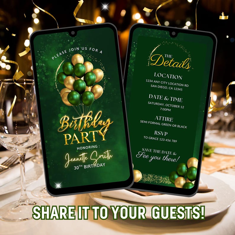 Emerald Green Birthday Party Video Invitation, Editable Bday Digital ...