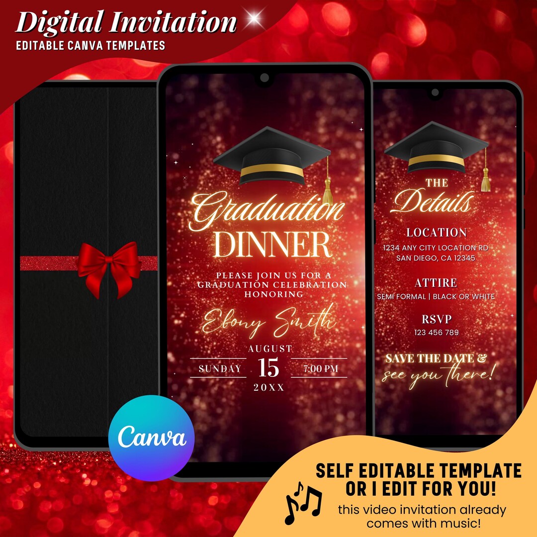 Red Glitter Graduation Dinner Video Invitation, Editable Canva Template ...