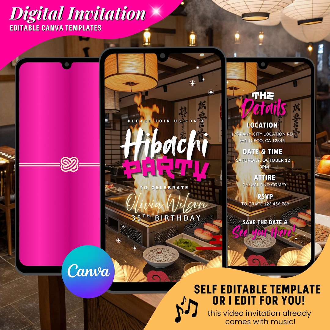 Pink Hibachi Birthday Party Invitation, Hibachi Birthday Dinner ...