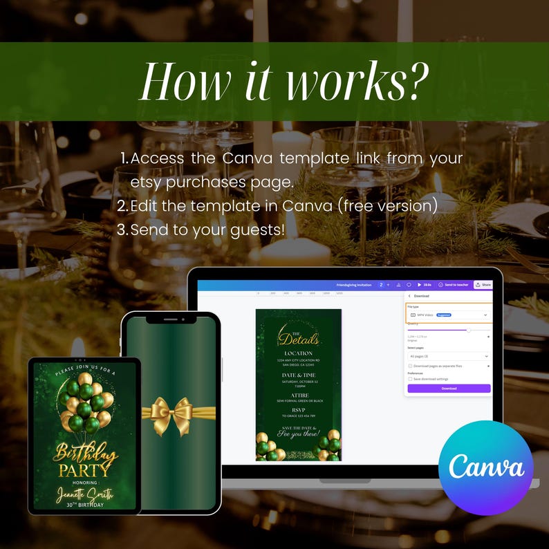 Emerald Green Birthday Party Video Invitation, Editable Bday Digital ...