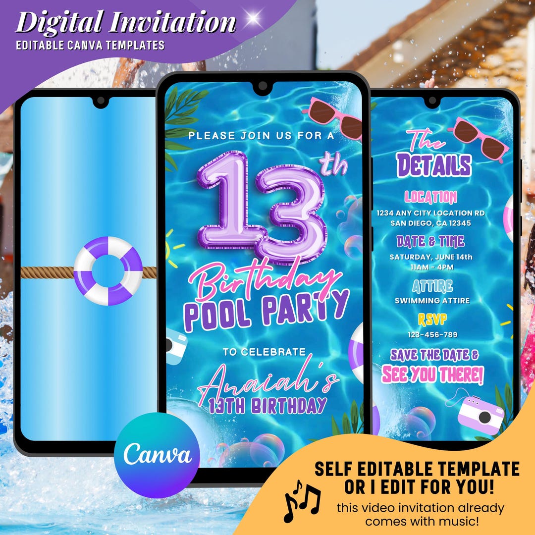13th Birthday Pool Party Invitation, Purple Theme Summer Editable ...
