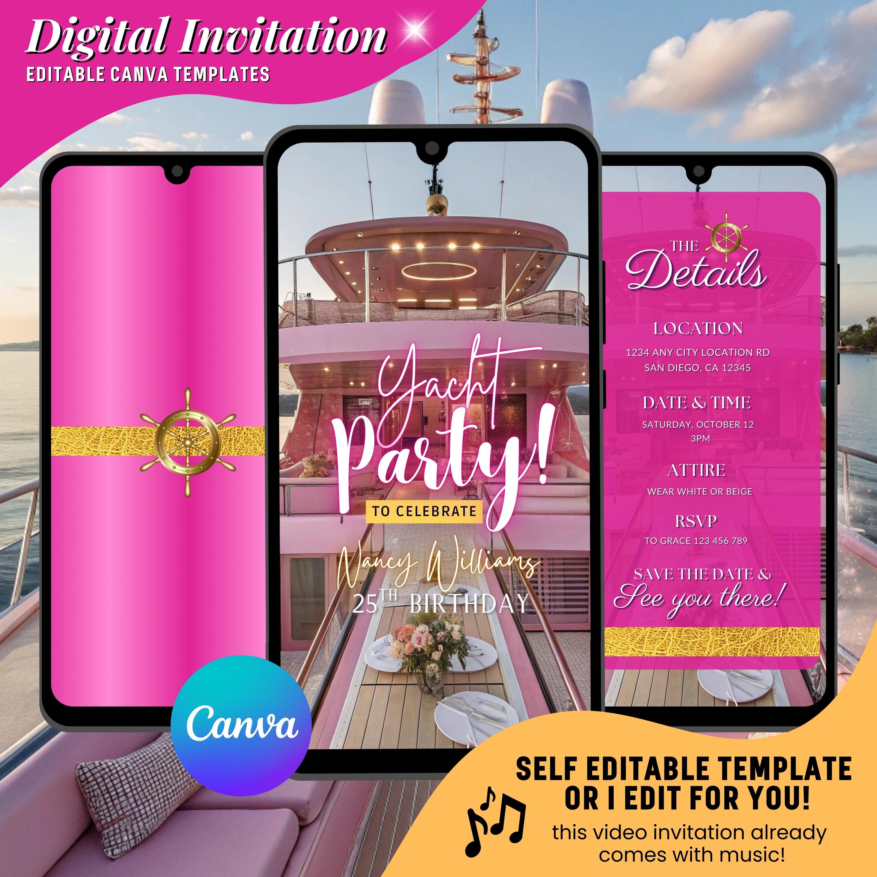 Pink Yacht Birthday Video Invitation, Boat Party Digital Animated ...