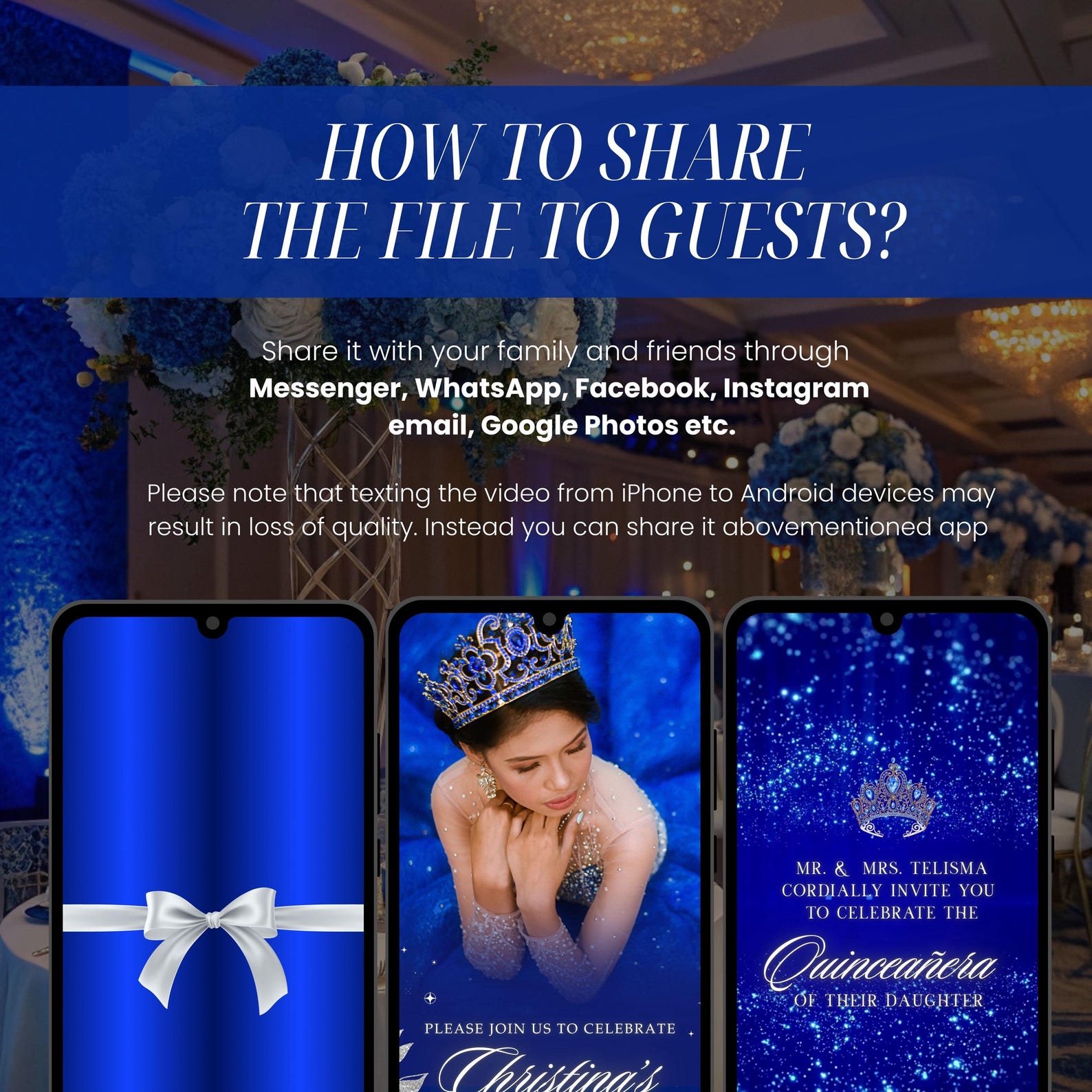 Royal Blue Quinceañera Video Invitation, Elegant 15th Birthday Editable ...