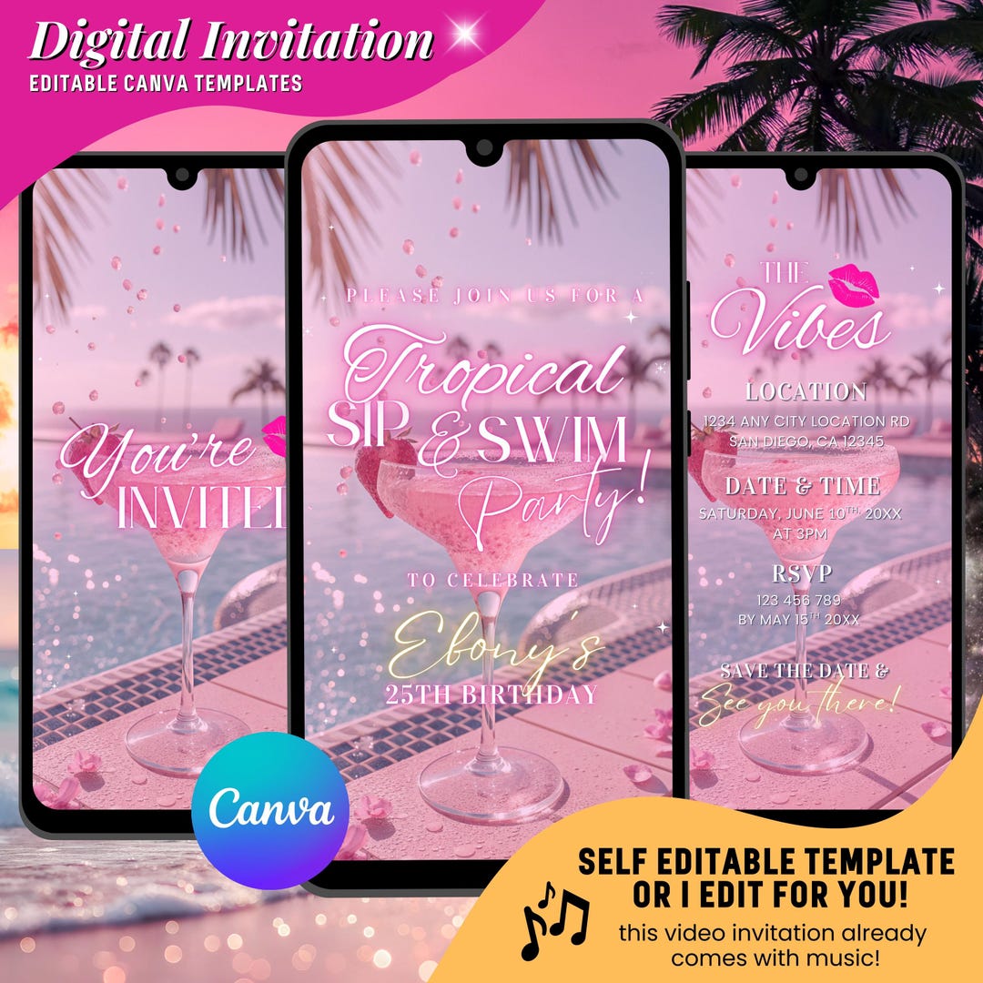 Sip and Swim Pool Party Invitation, Summer Pink Theme Editable Canva ...