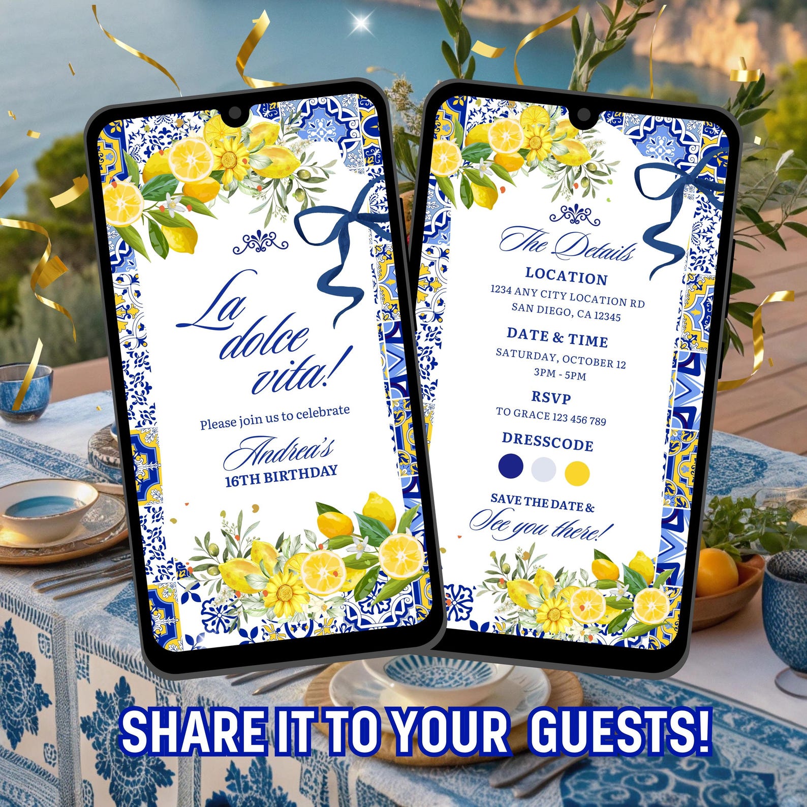 Mediterranean Birthday Video Invitation, Blue Tiles Lemon Coast Party ...