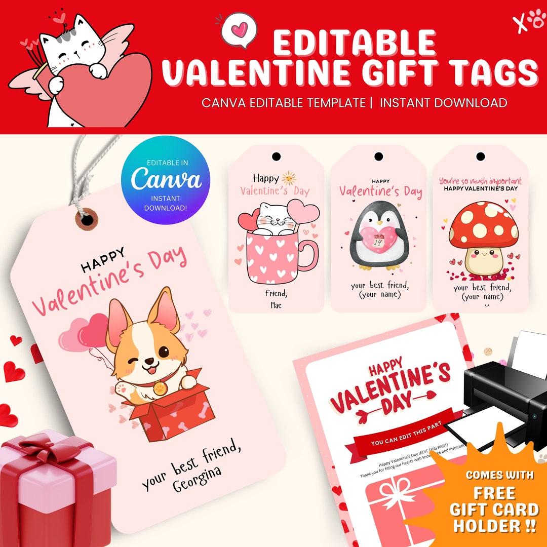 EDITABLE Valentine Gift Tags, Cute Dog Gift Tags, Cat, Printable Kids ...