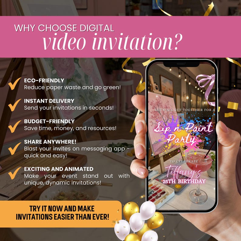 Paint and Sip Birthday Video Invitation, Art Party Evite (editable ...