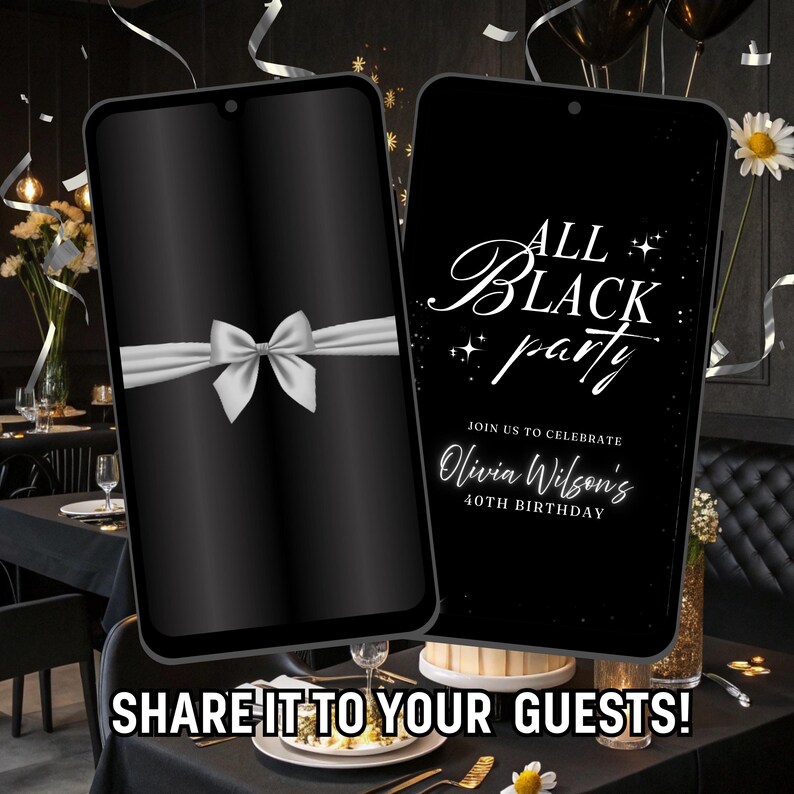 Modern All Black Party Video Invitation, Formal Birthday Dinner ...