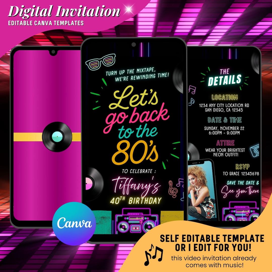 Let's Go Back to 80's Birthday Video Invitation, Neon Party Digital ...