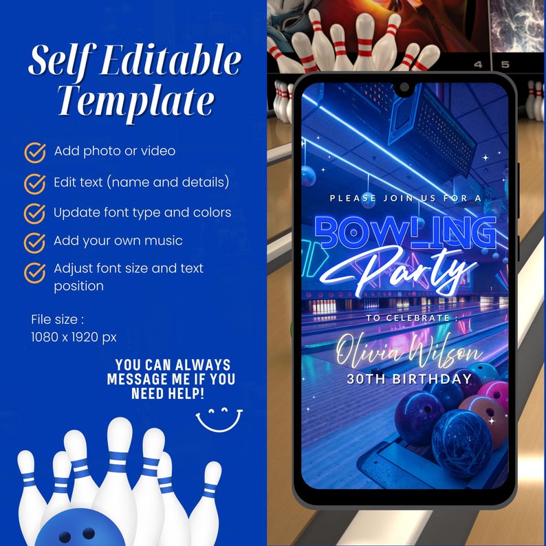 Blue Bowling Birthday Party Video Invitation, Editable Canva Template ...
