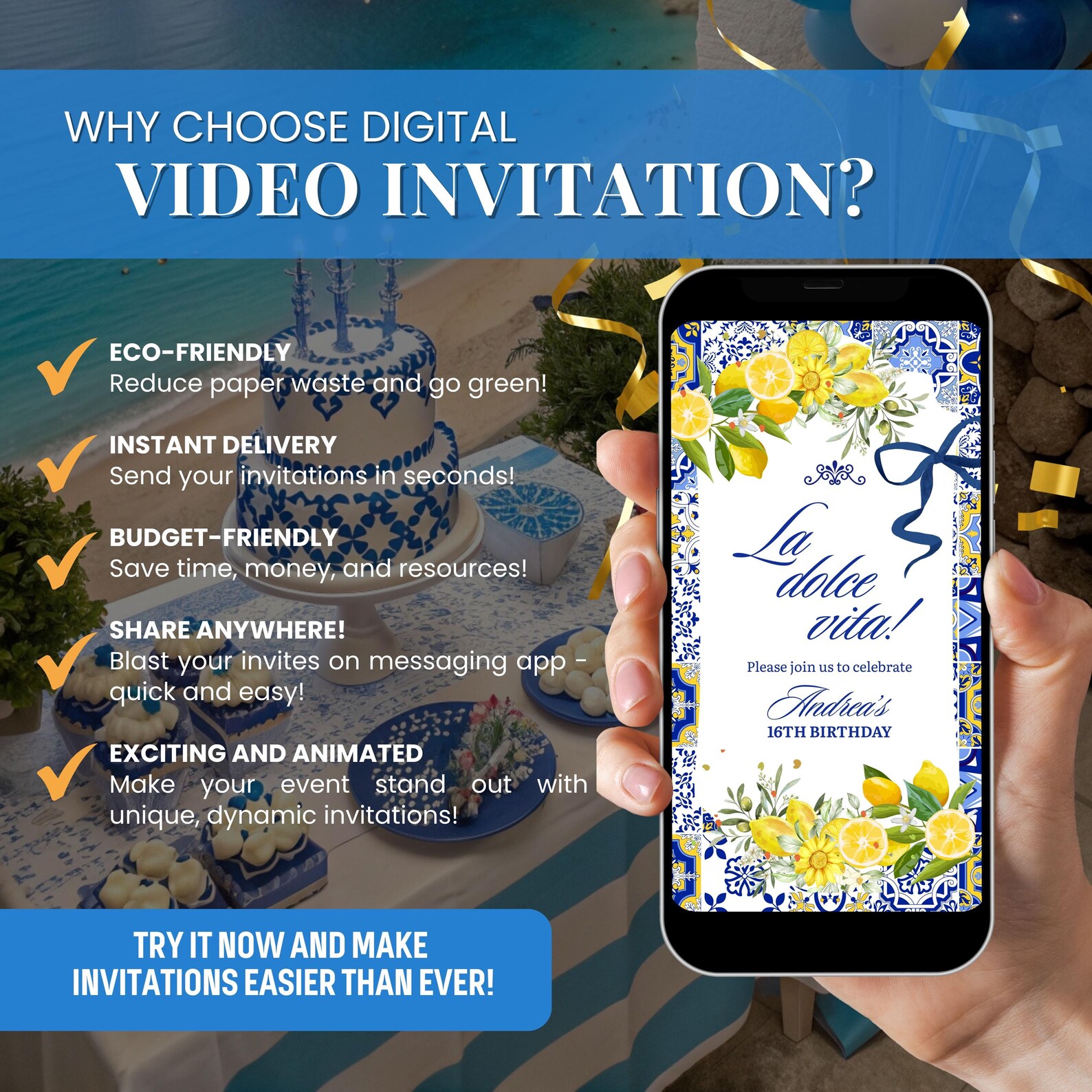 Mediterranean Birthday Video Invitation, Blue Tiles Lemon Coast Party ...