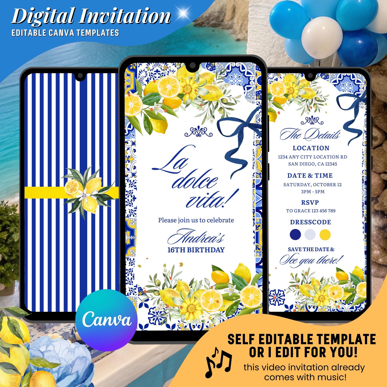 Mediterranean Birthday Video Invitation, Blue Tiles Lemon Coast Party ...