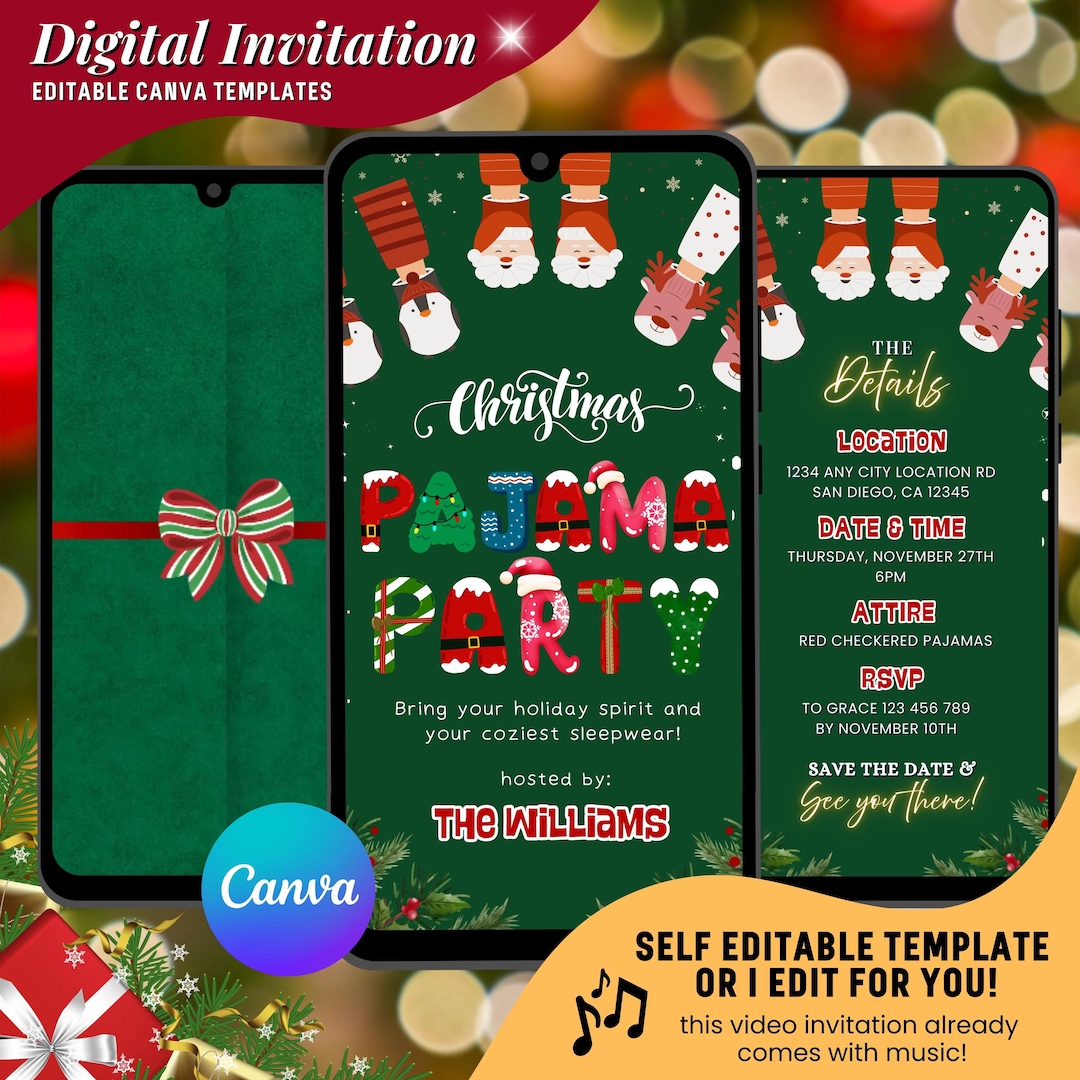 Christmas Pajama Party Video Invitation, Slumber Party Holiday Digital ...
