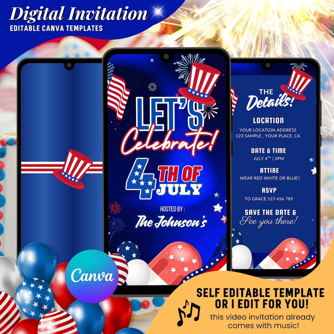 4th of July Editable Party Digital Video Invitation, 4th of July ...