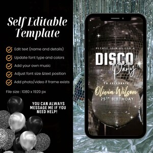 Black Elegant Disco Birthday Party Invitation, Silver Birthday Disco ...