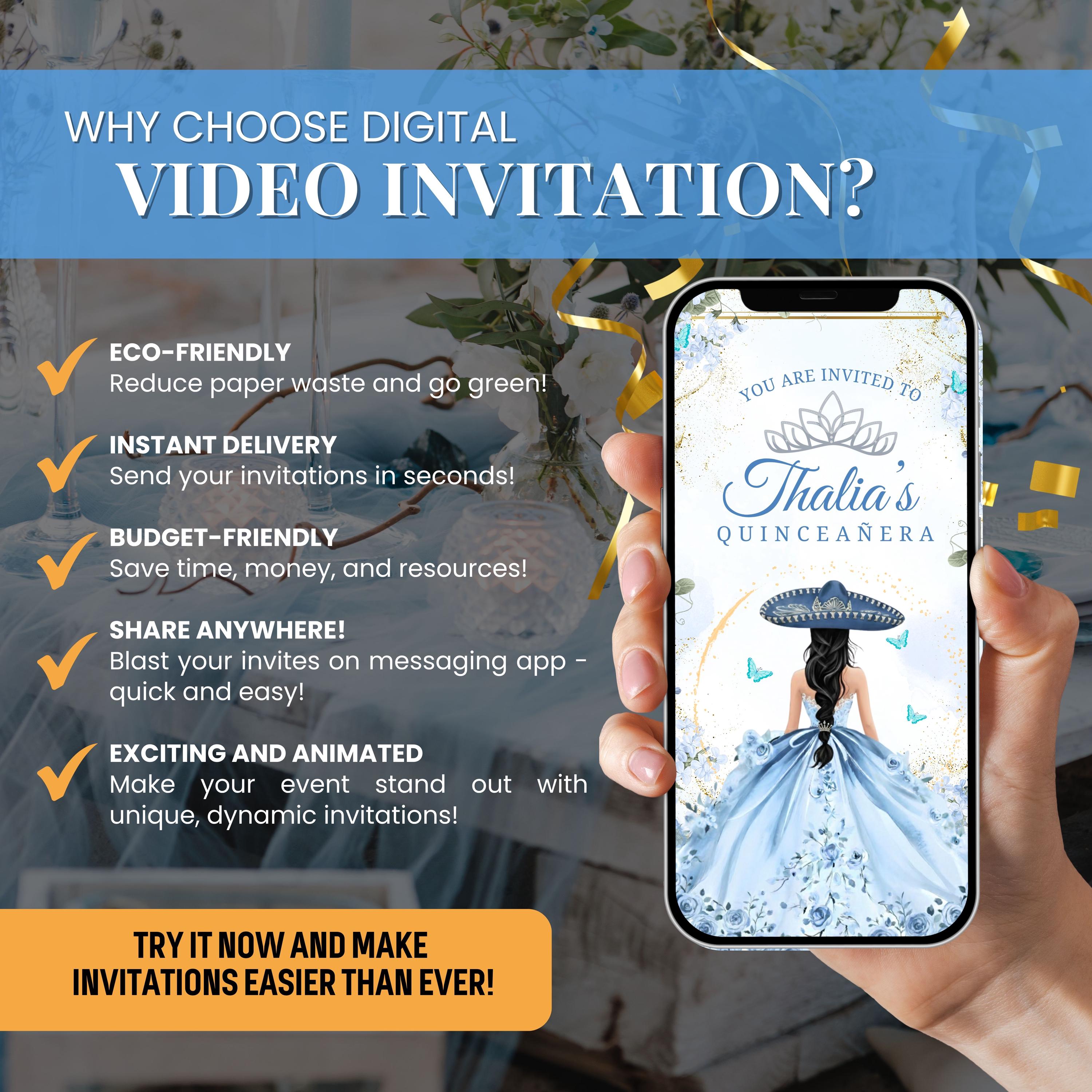 Light Blue Quinceañera Video Invitation, Quince With Charro Hat ...
