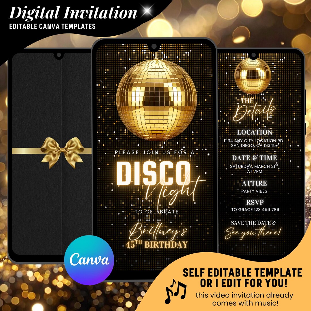 Gold Disco Birthday Party Invitation, Editable Canva Template (digital ...