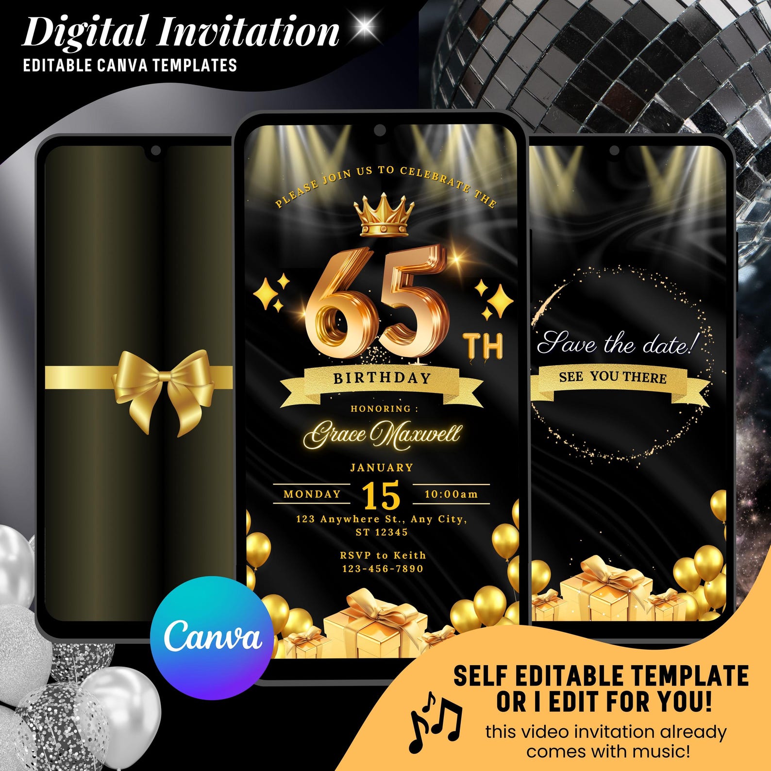 65th Birthday Invitation, Black and Gold 65th Birthday Party Animated ...