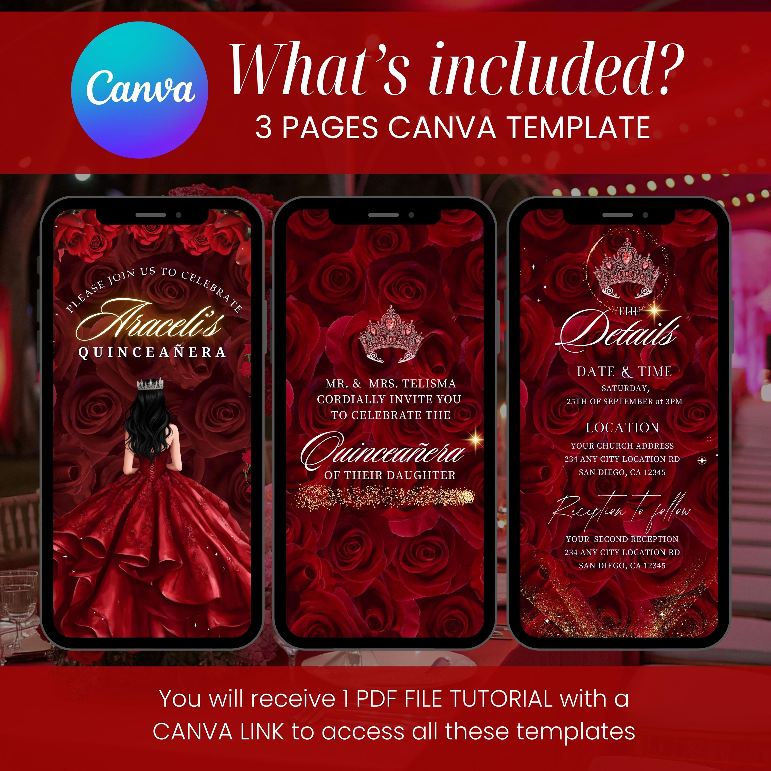 Red Floral Quinceañera Video Invitation, Red and Gold Sweet 15 Birthday ...