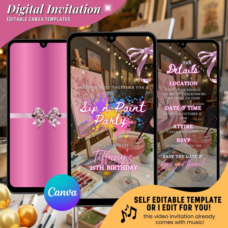 Paint and Sip Birthday Video Invitation, Art Party Evite (editable ...