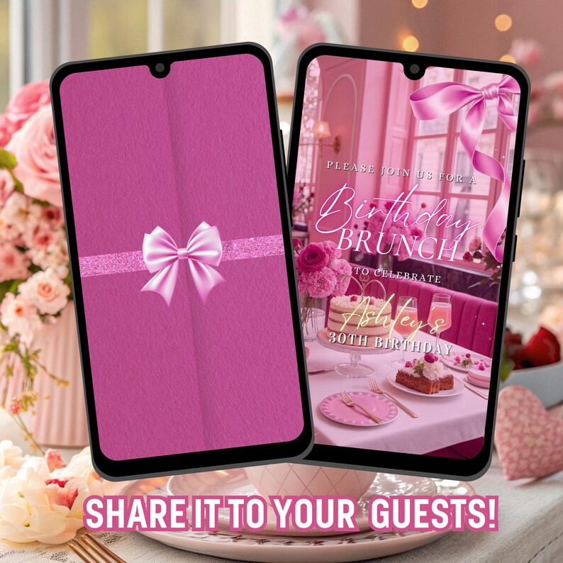 Pink Birthday Brunch Video Invitation, Any Age, All Text Editable Canva ...