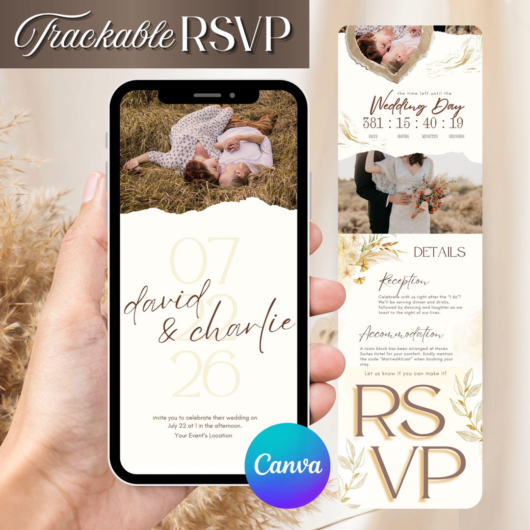 Boho Wedding Website Invitation Template, Trackable RSVP (editable ...