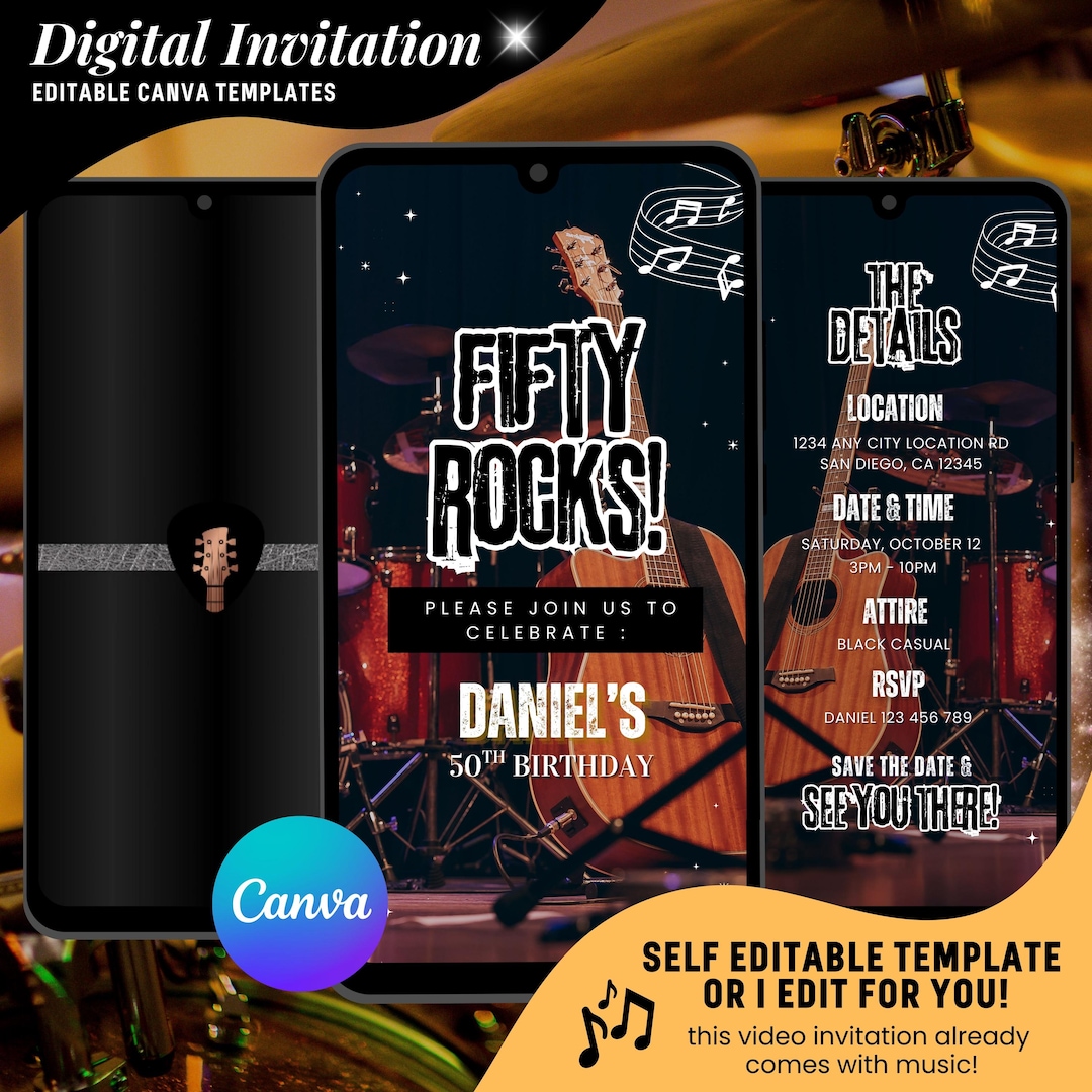 Guitar Birthday Video Invitation: Rock Music Theme (editable Canva ...