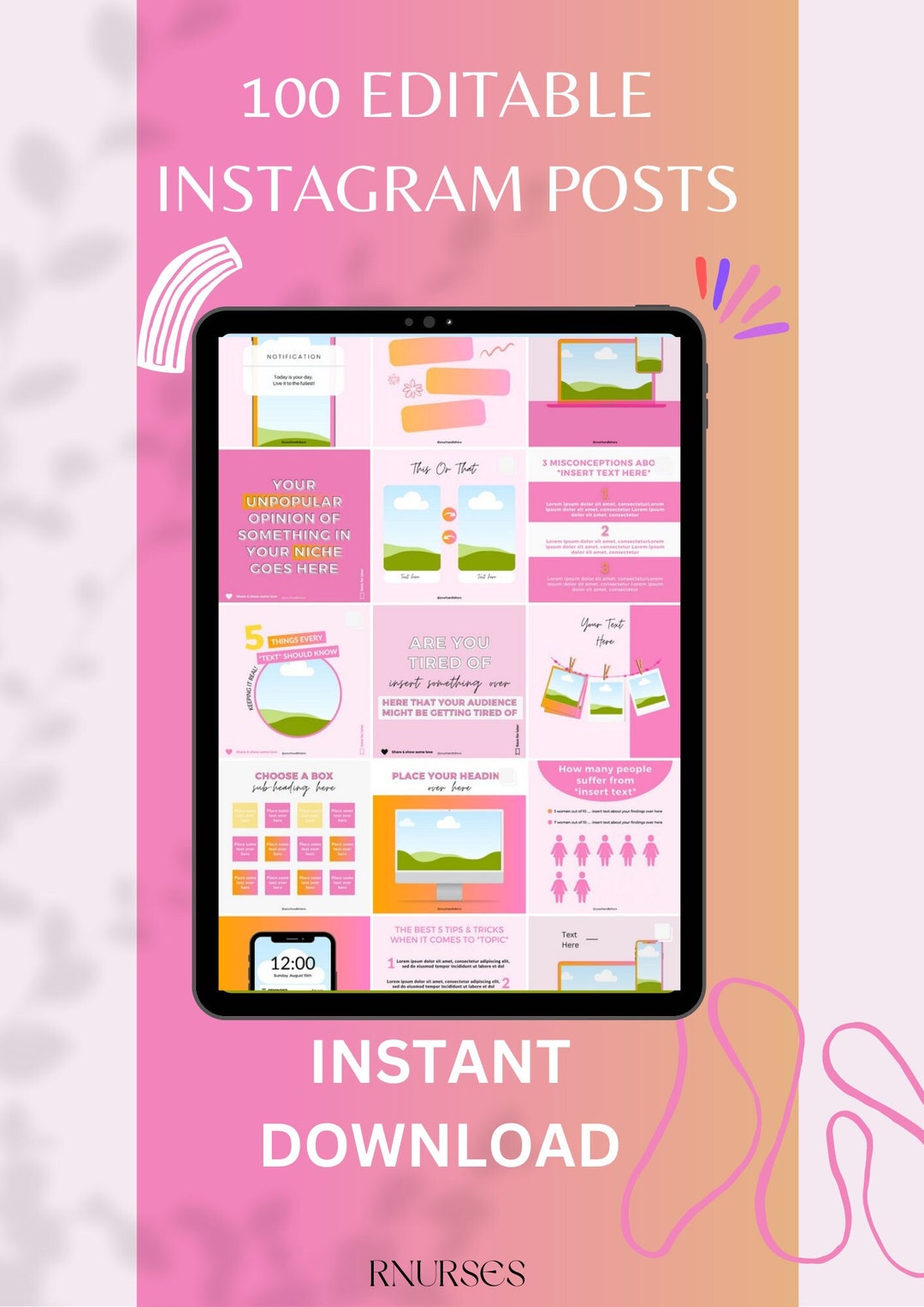 100 Instagram Editable Templates, Pretty Pink Aesthetic Posts, Engaging ...