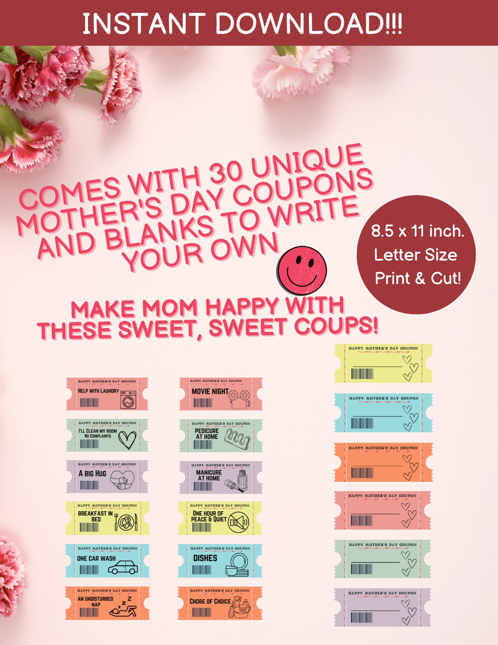 Printable Mother's Day Coupons, Mother's Day Coupon Book, Mother's Day ...