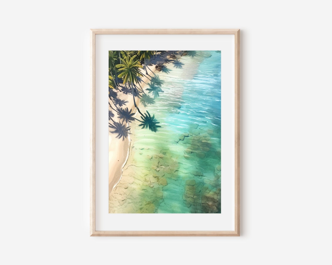 Serene Aerial Beach Watercolor Art - Coastal Landscape Painting, Ocean ...