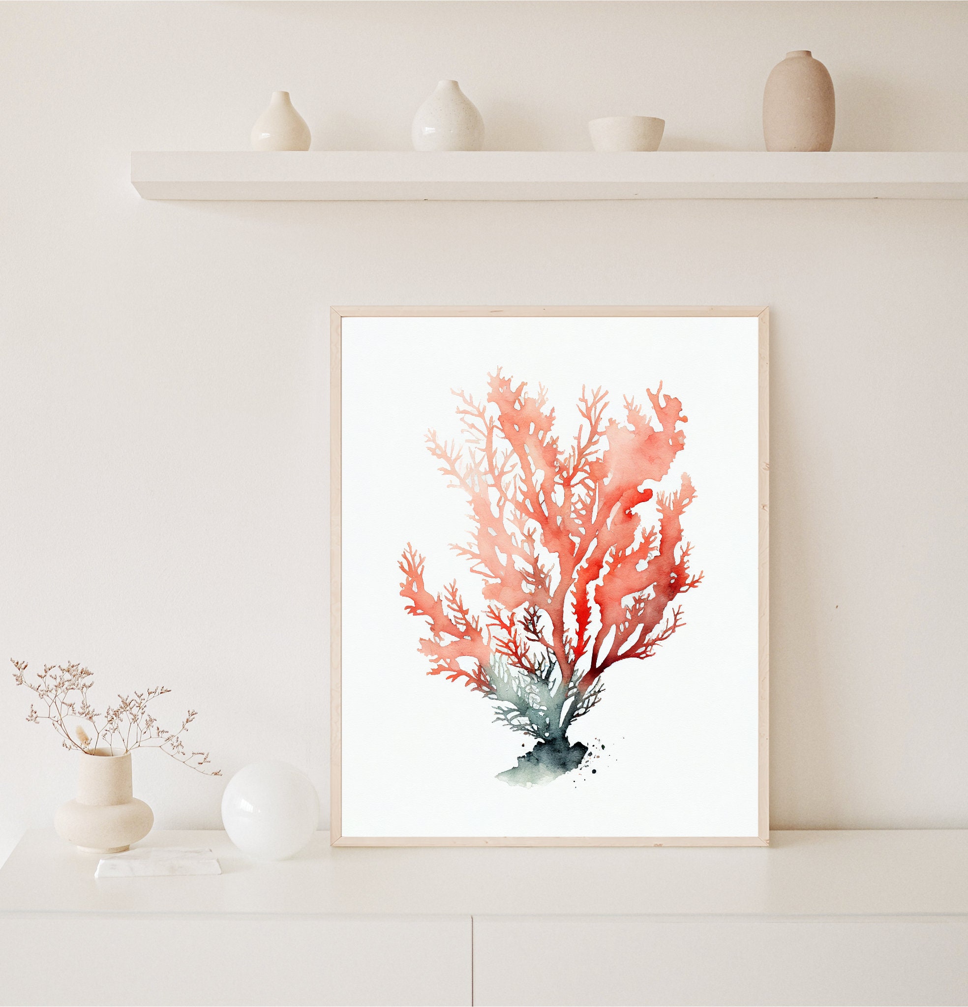 Coral Watercolor, Nautical Artwork, Island Art, Red Coral Art, Coral ...