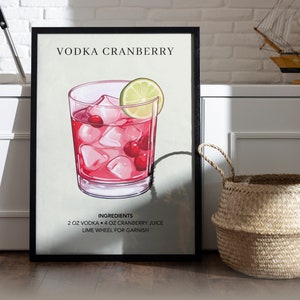 Vodka Cranberry Art Print | Bar Cart Decor Cocktail Poster | Wedding ...
